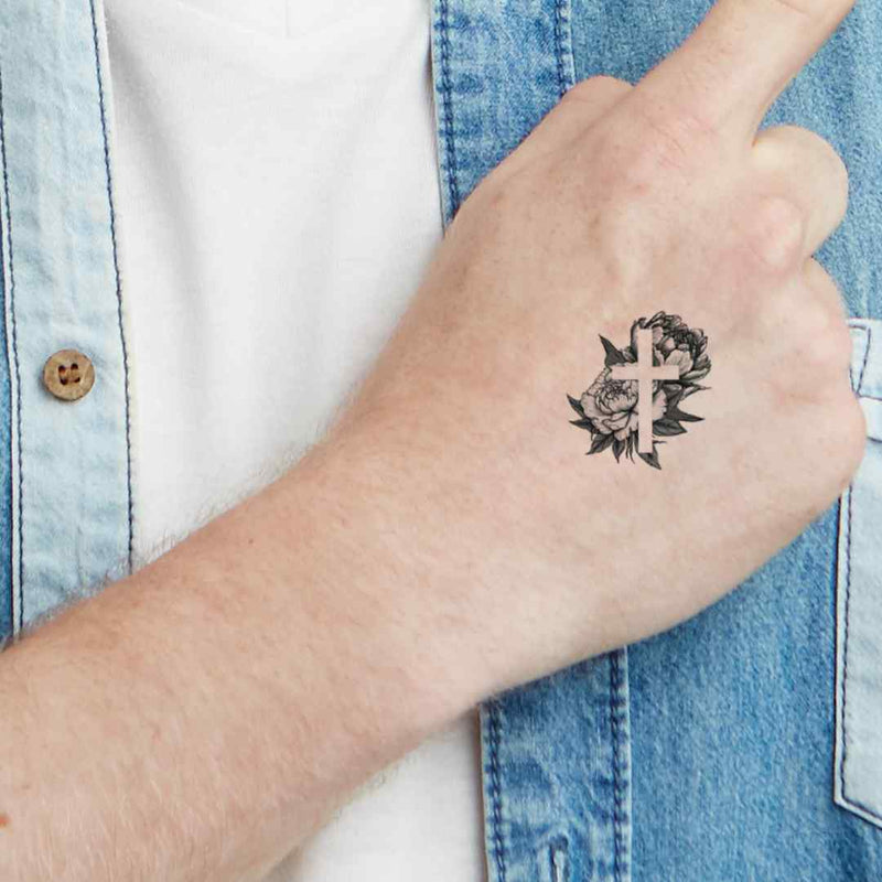 Hand Drawn Floral Cross Temporary Tattoos Set of 3