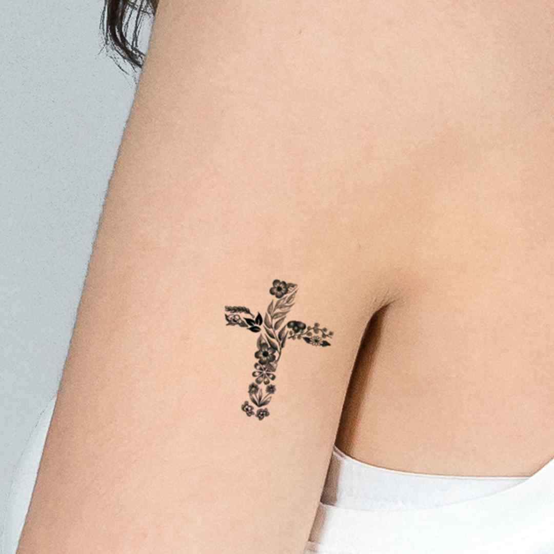 Hand Drawn Floral Cross Temporary Tattoos Set of 3